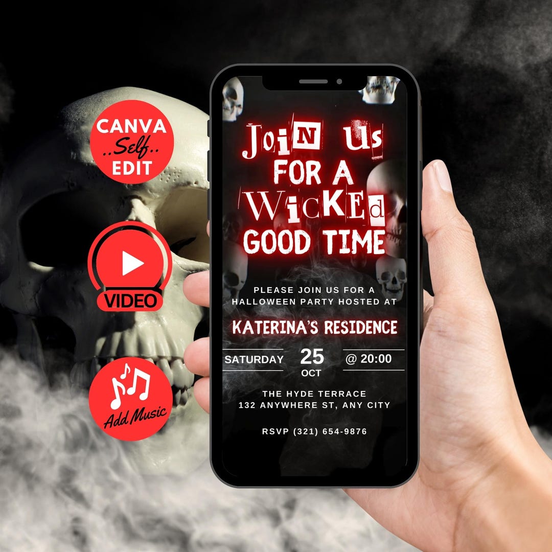 Digital Halloween Wicked Time Invitation, Scary Skull Video Invite, Red ...