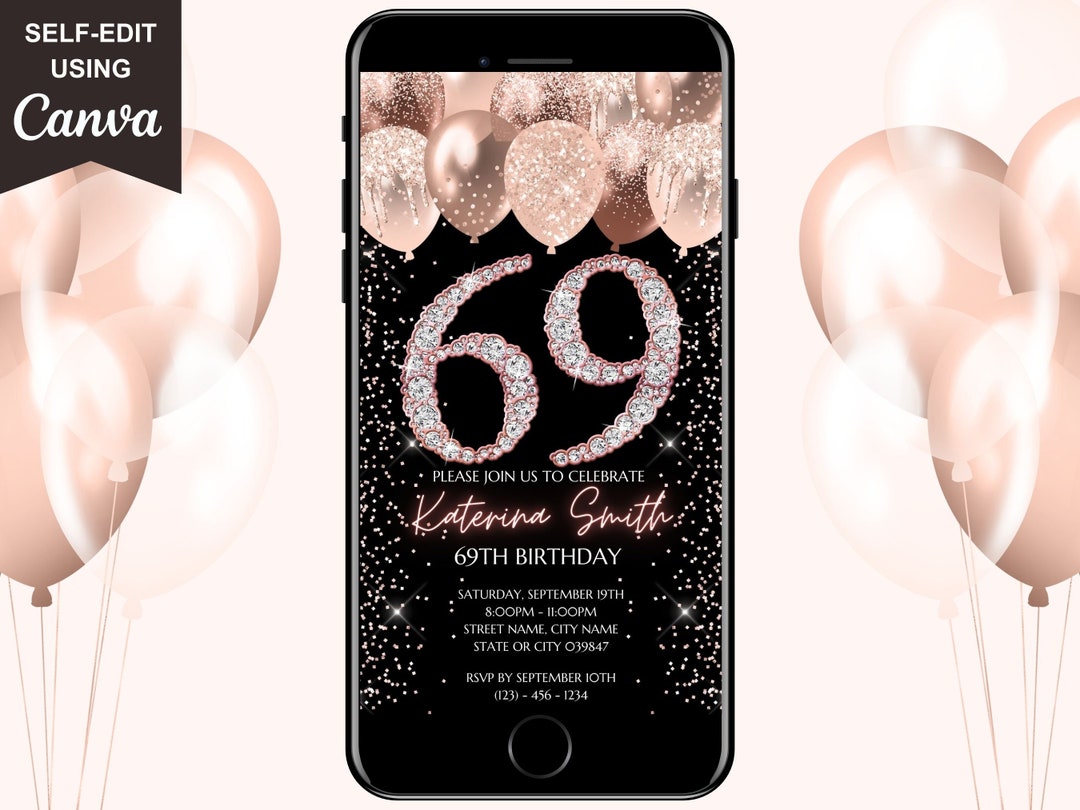 Digital 69th Birthday Invitation, Electronic 69th Birthday Party Invite ...