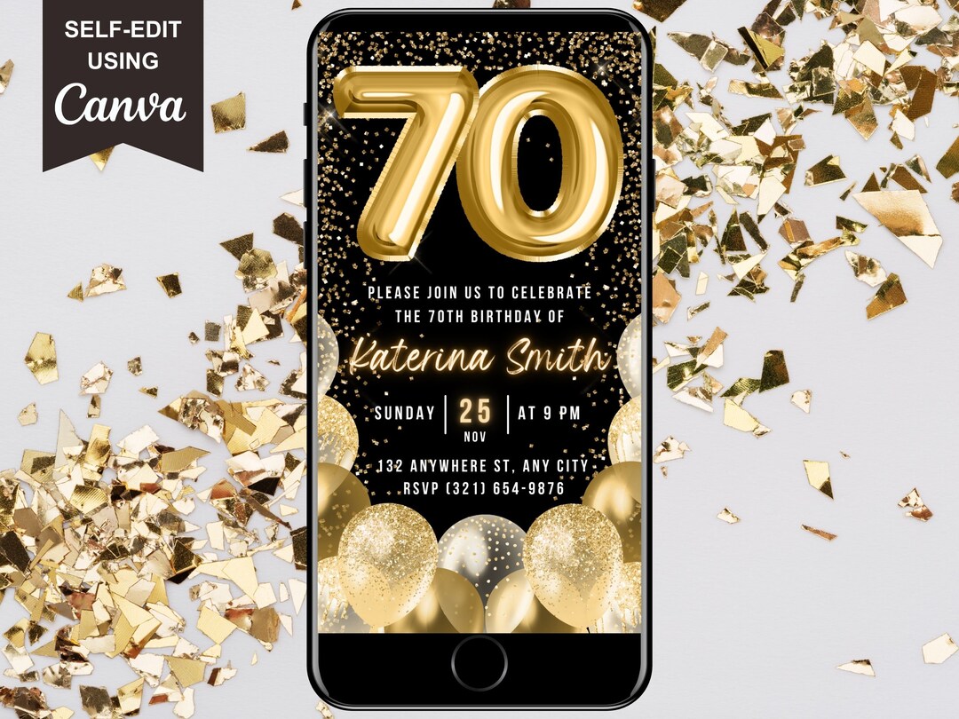70th Birthday Digital Invitation, Electronic 70th Birthday Party Invite ...