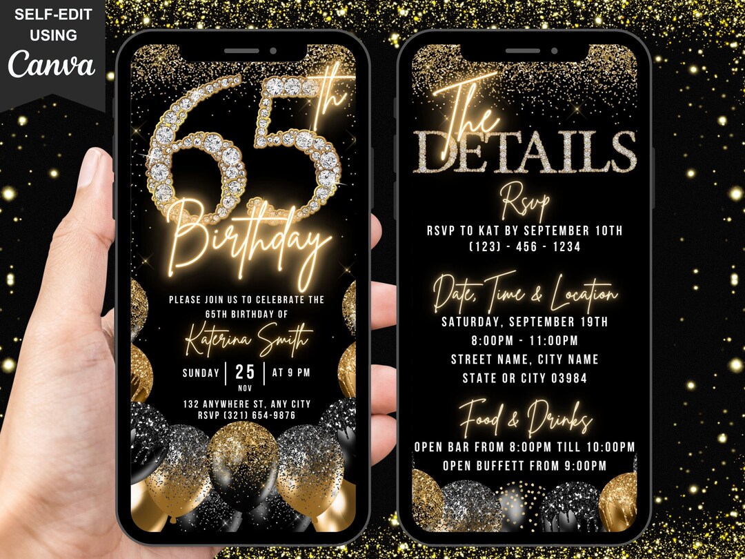 Digital 65th Birthday Invitation, 65th Ecard, Black Gold Silver Balloon ...