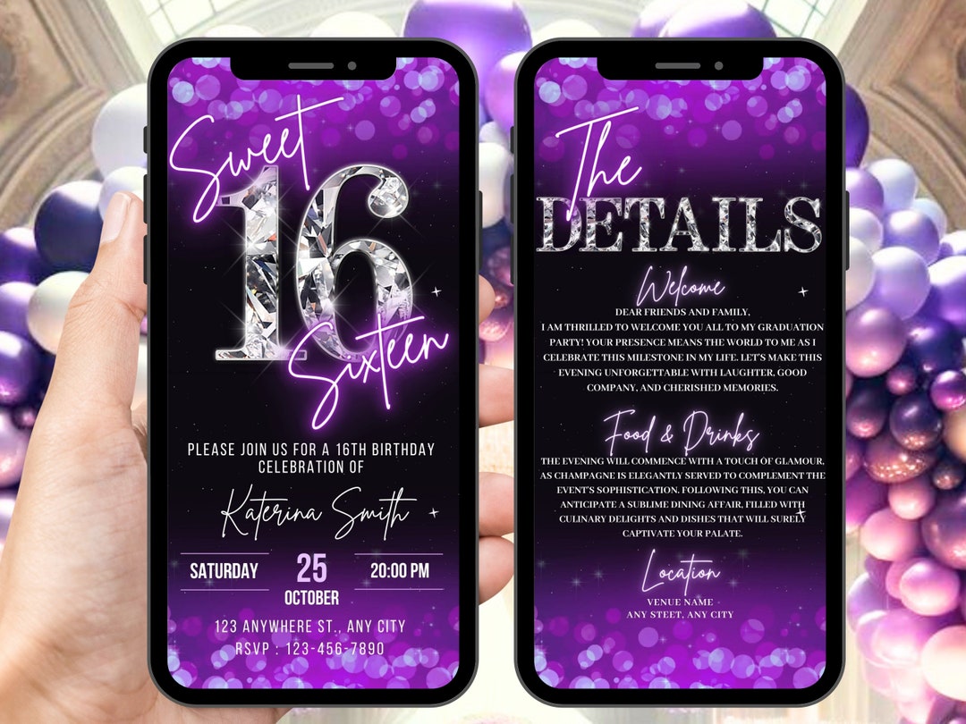 Digital Sweet Sixteen Invitation, Animated 16th Birthday Neon Purple ...