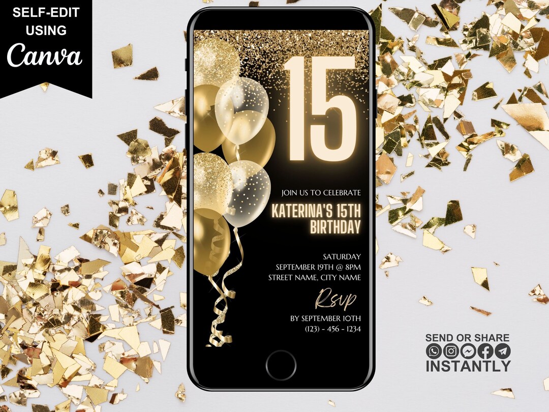 15th Digital Birthday Invitation, Electronic 15th Phone Party Invite ...
