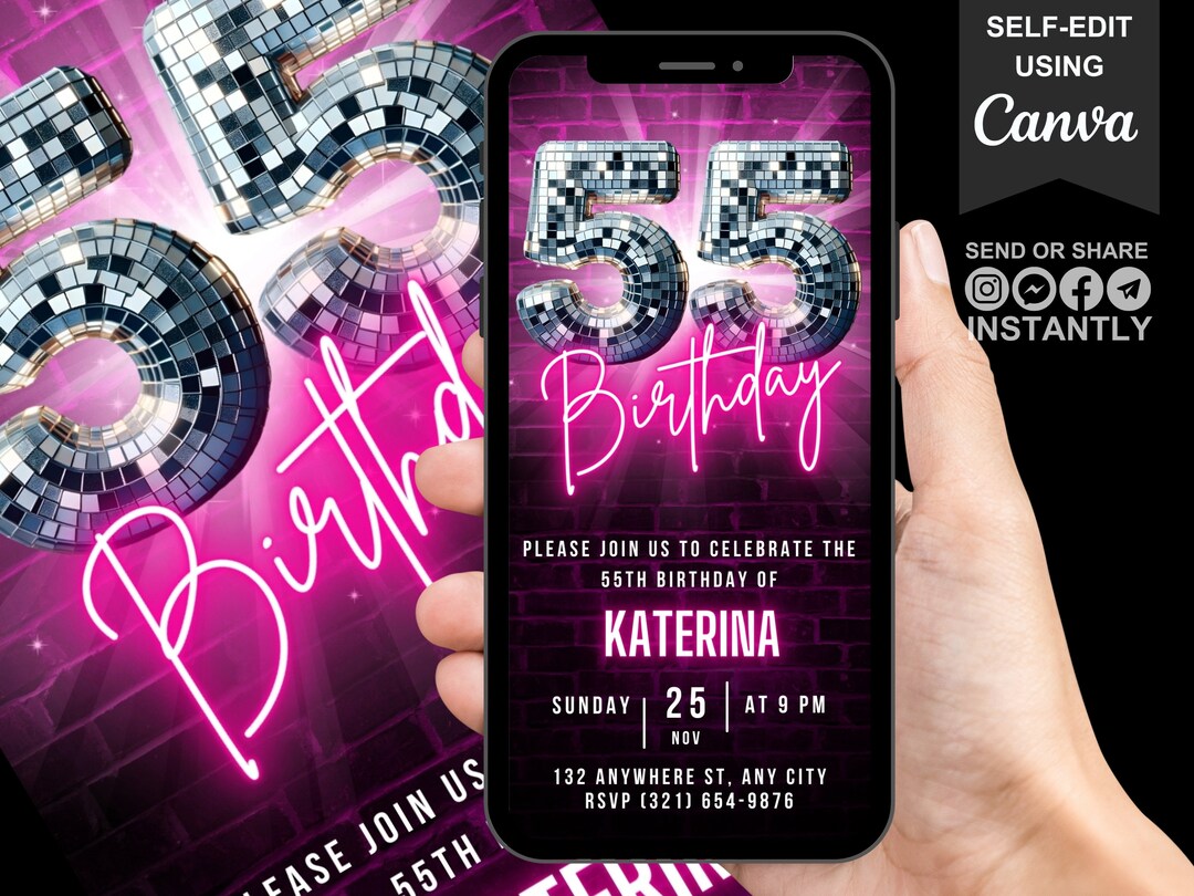 Digital 55th Birthday Invitation, Animated Fifty Fifth Party Invite for ...