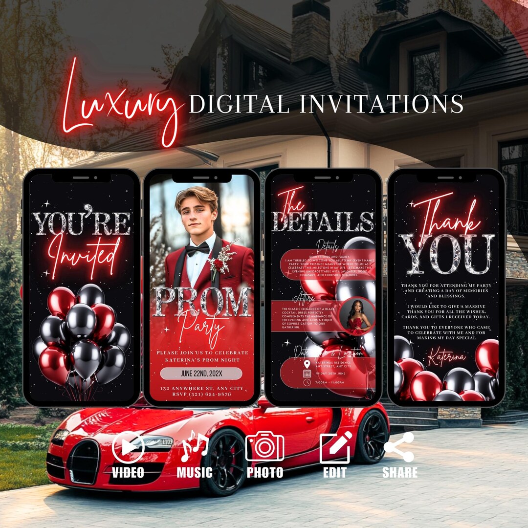 Digital Prom Party Invitation, Red Mens Glam Prom Send off Invite ...