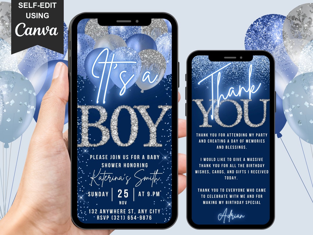 Digital Boy Baby Shower Invitation, Animated Baby Shower Invite, Blue ...