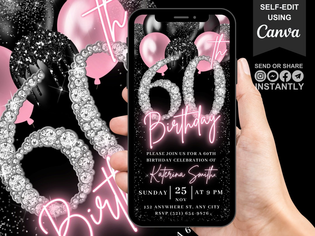 Digital 60th Birthday Invitation, Blush Pink Girls 60 Th Balloon ...