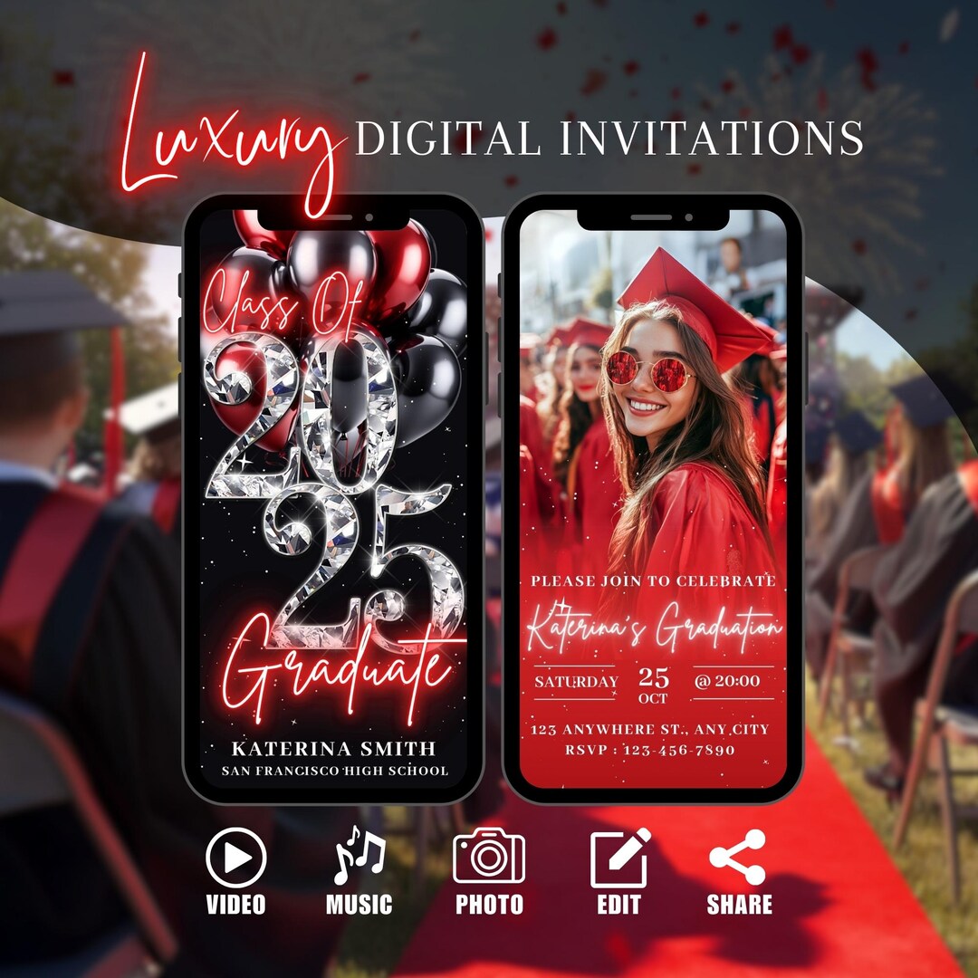 Red Graduation Party Invitation, Digital Elegant Animated Grad ...