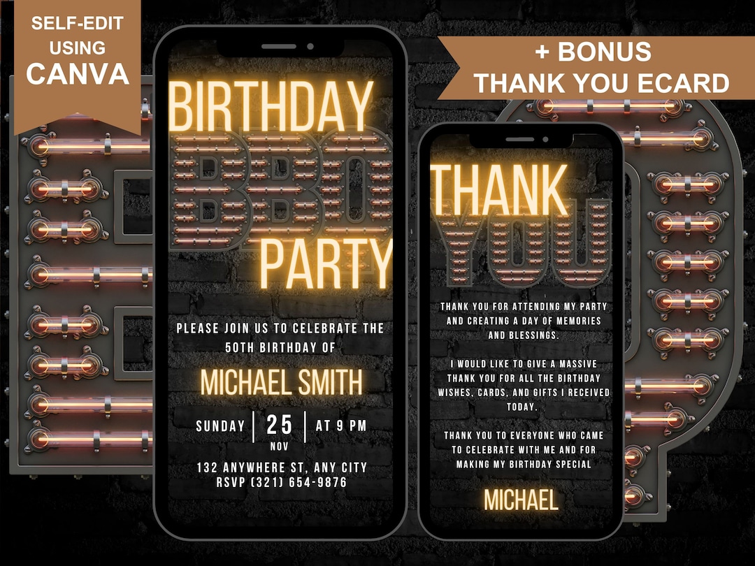 Digital BBQ Birthday Party Invitation, Animated Invite , Editable Electronic Smartphone Barbecue ...