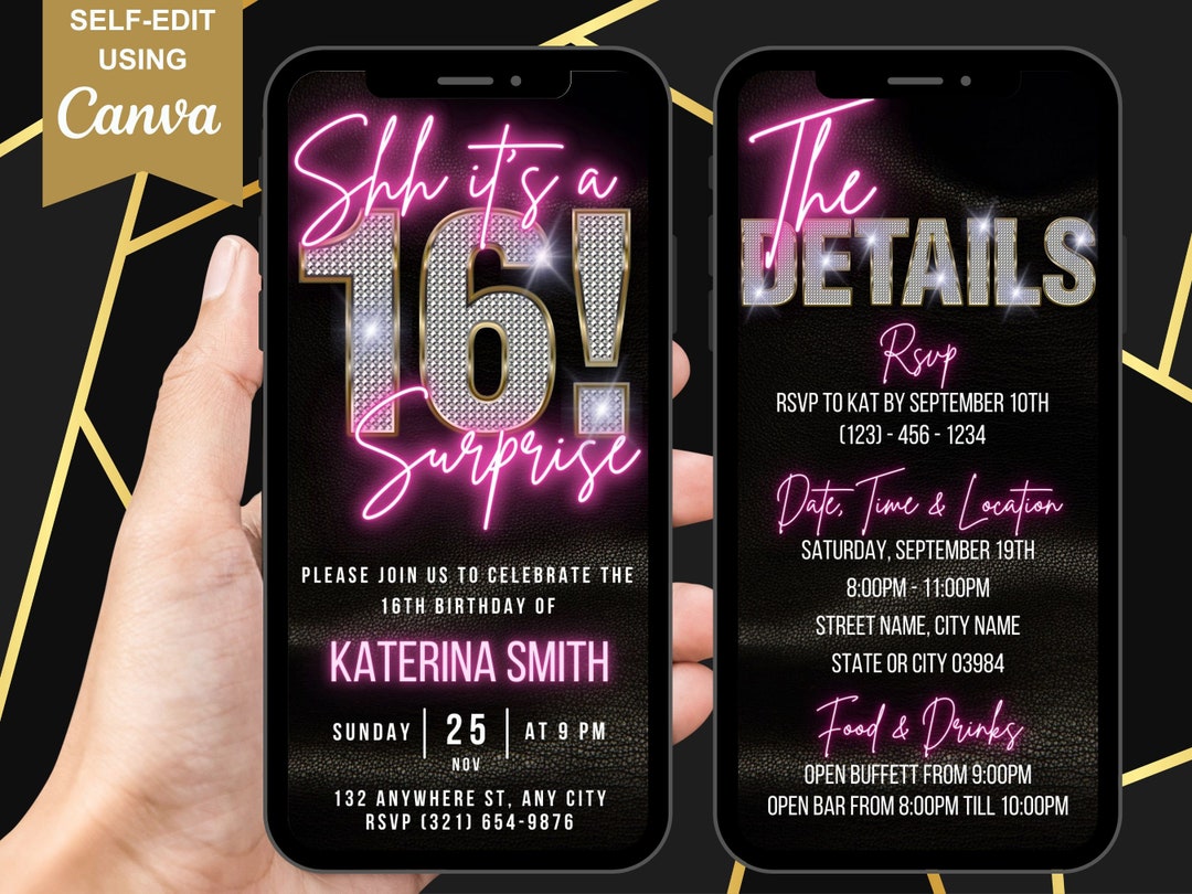 Sweet 16th Birthday Digital Flyer Invitation, Surprise 16 Party Video ...