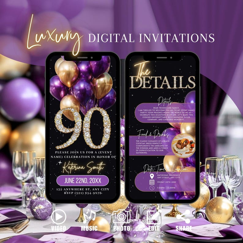 Digital Purple Gold 90th Birthday Invitation, Animated Surprise Invite ...