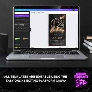 Digital 62nd Birthday Party Invitation, Animated Black Gold Dinner ...