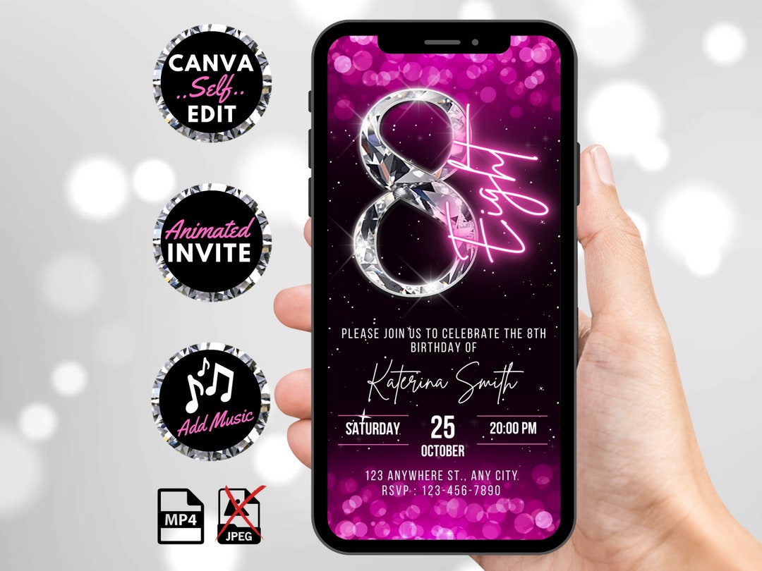 Digital 8th Birthday Invitation, Animated Glitter Pink Eight Party ...