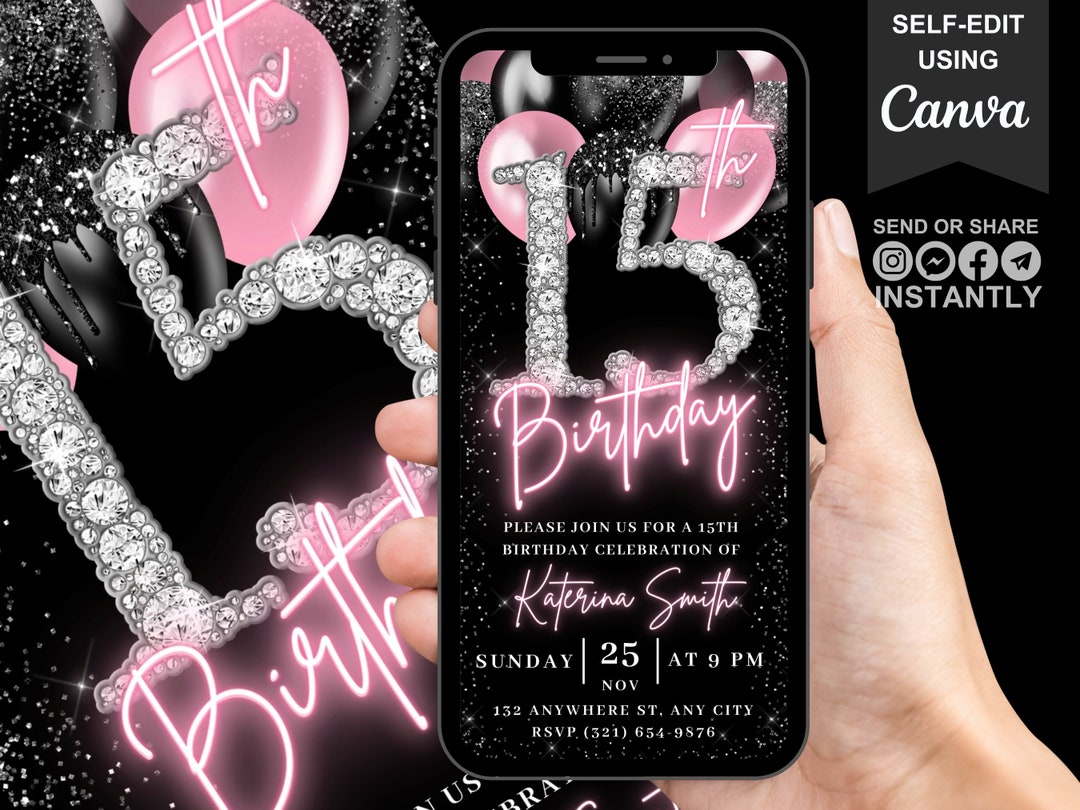 Digital 15th Birthday Invitation, Blush Pink Girls 15 Balloon Diamond ...