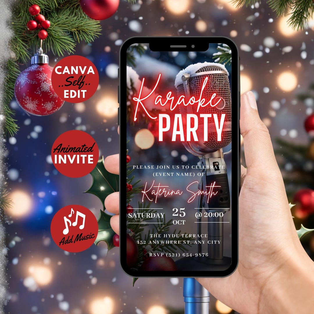Digital Karaoke Invitation, Animated Xmas Music Night Party Invite ...