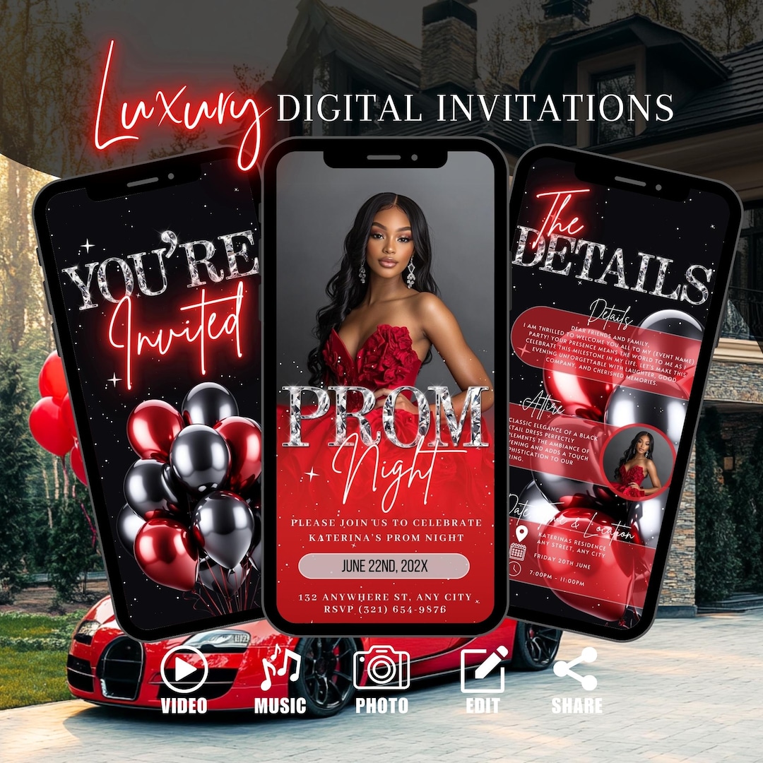 Prom Night Invitation, Red Digital Prom Send off Invite, Animated ...