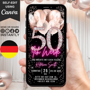 German Digital 50 Birthday Invitation, Her Animated 50th Rose Gold ...