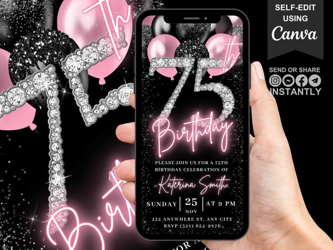 Digital 75th Birthday Invitation, Blush Pink Girls Seventy Fifth ...