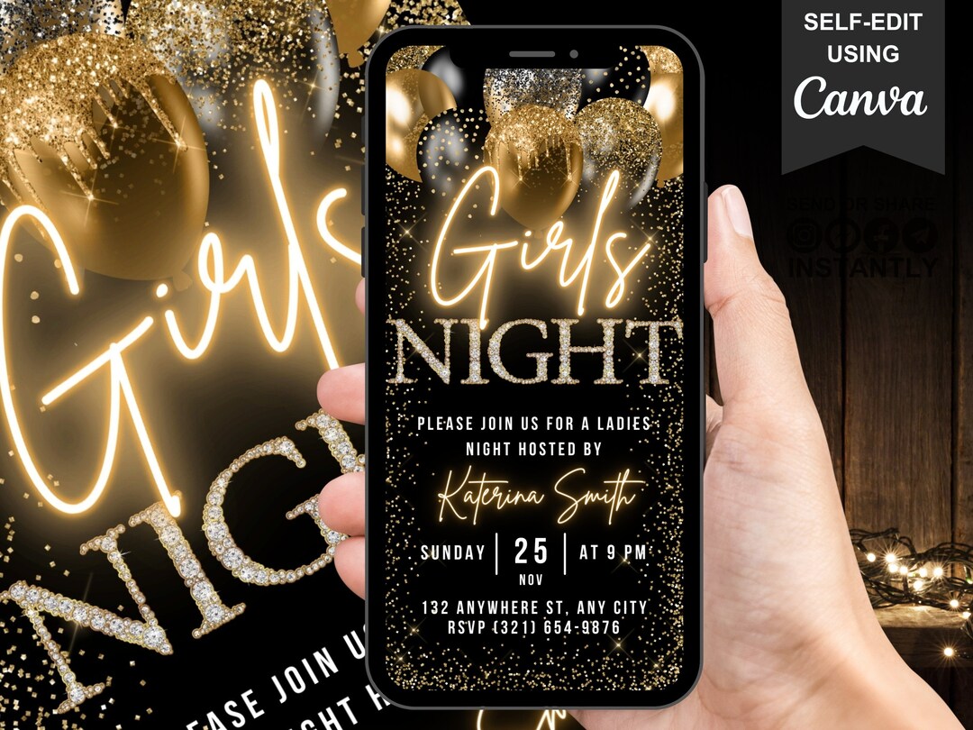 Digital Girls Night Out Invitation, Animated Fun Gold Black Birthday ...