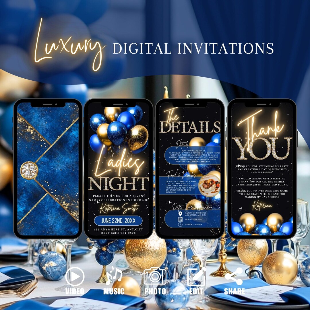 Digital Ladies Night Invitation, Blue Gold Girl's Night Birthday Dinner ...