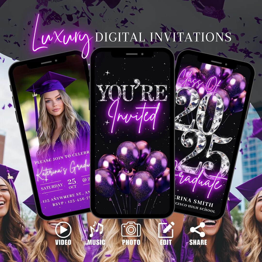 Purple Graduation Party Invitation, Digital Grad Announcement, High ...