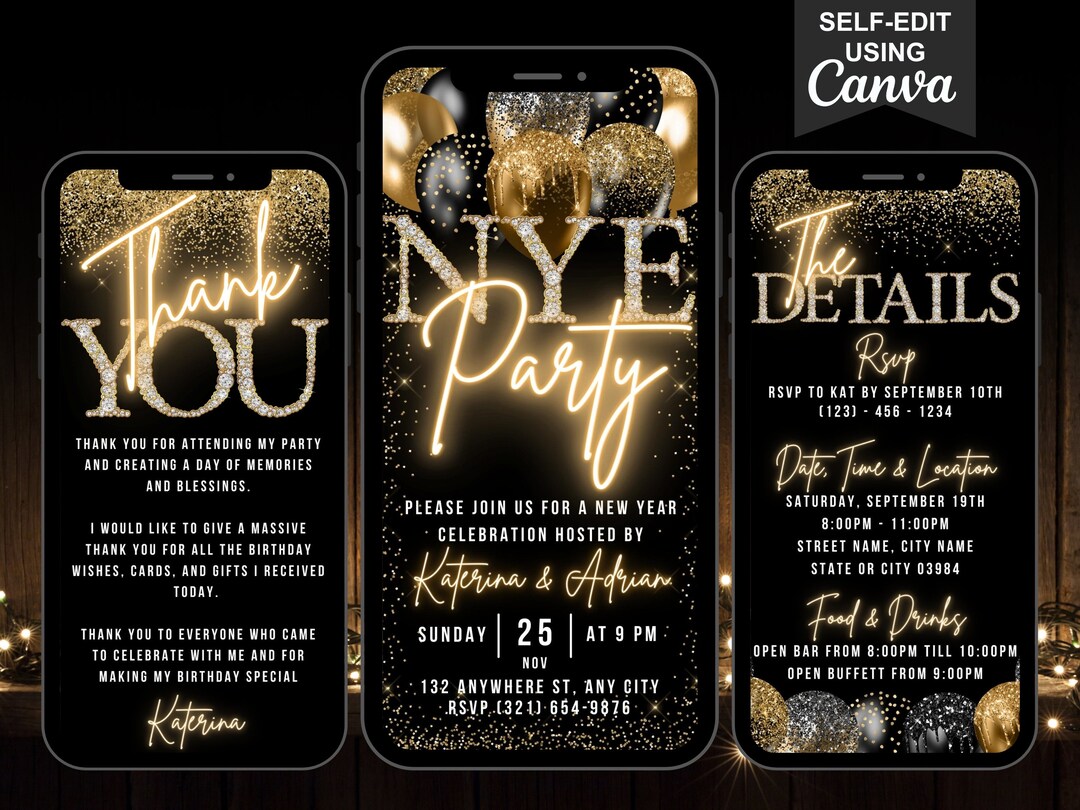 Digital New Years Eve Party Invitation, NYE 2025 Invite, Black Gold ...