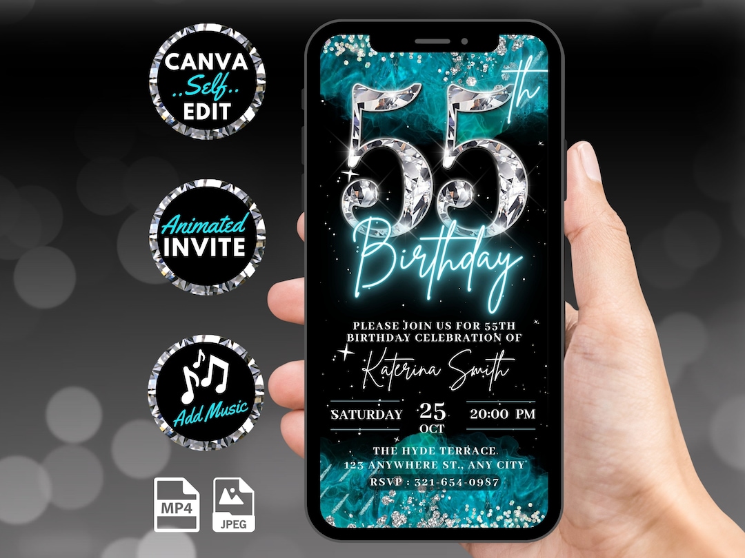 Digital 55th Birthday Invitation, Animated Teal Fifty Fifth Aqua Party ...