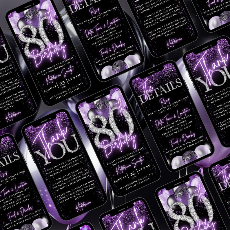 80th Digital Flyer Birthday Invitation, Video 80th Purple Dinner Party ...