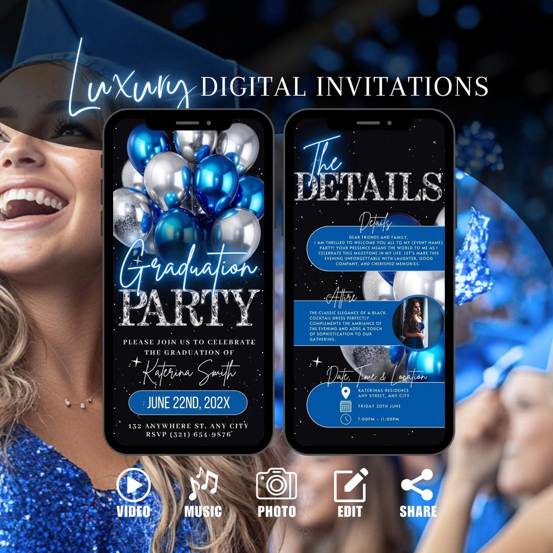 Digital Graduation Party Invitation, Silver Blue Grad Announcement ...