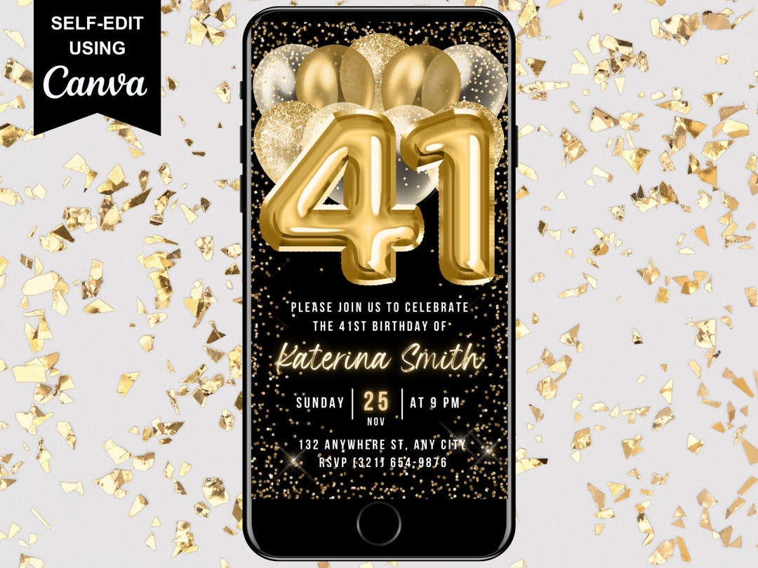 41st Birthday Digital Invitation, Electronic Birthday Party Invite ...