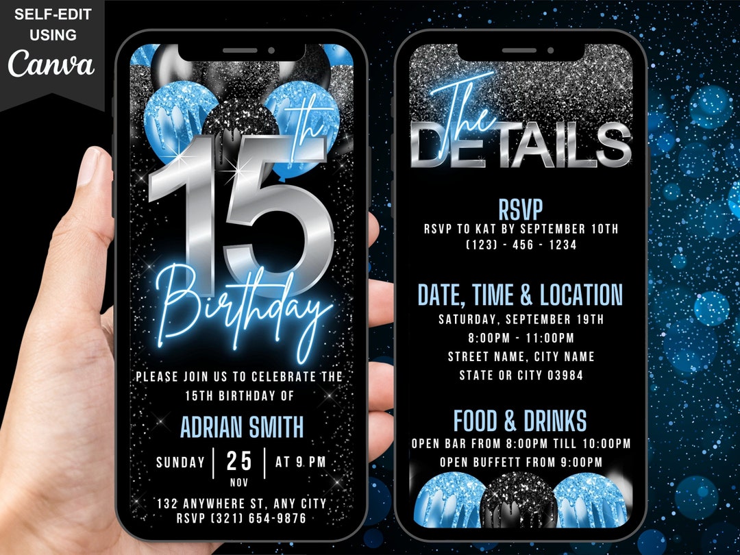 Digital 15th Birthday Invitation for Boys, Animated 15th Birthday ...