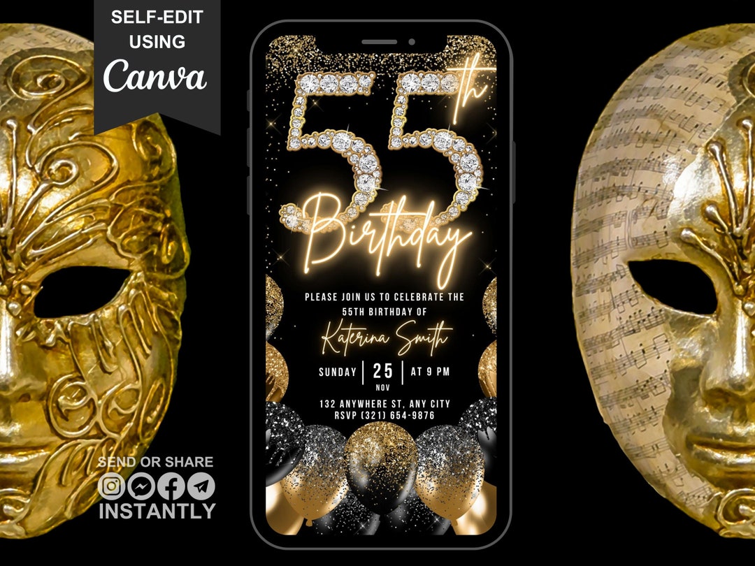 Digital 55th Birthday Invitation, Animated Fifty Fifth Black Gold ...