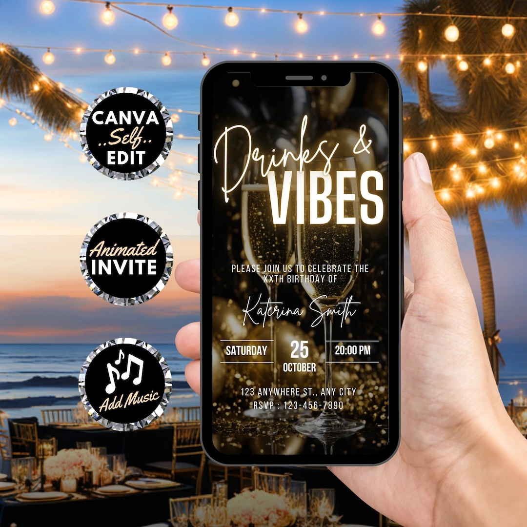 Digital Drinks & Vibes Invitation, Animated Birthday Black Gold Party ...