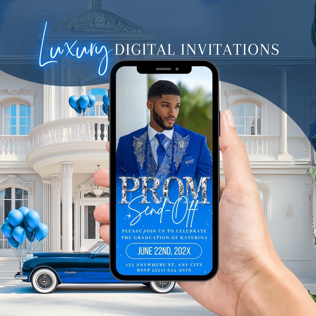 Digital Blue Prom Send off Invitation, Mens Prom Party Invite, Animated ...