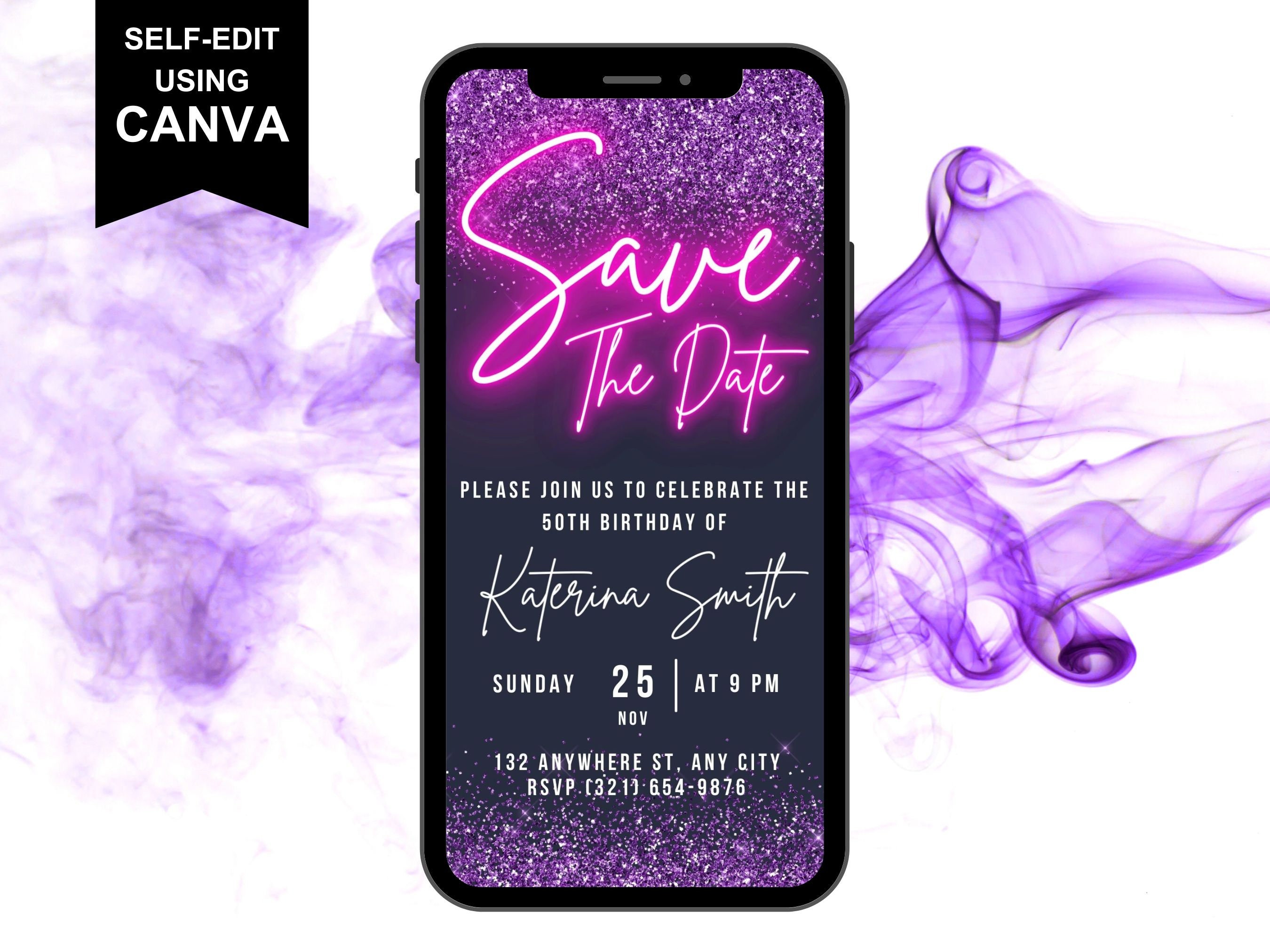 Digital Save the Date Party Invitation Purple Glitter Pink - Etsy