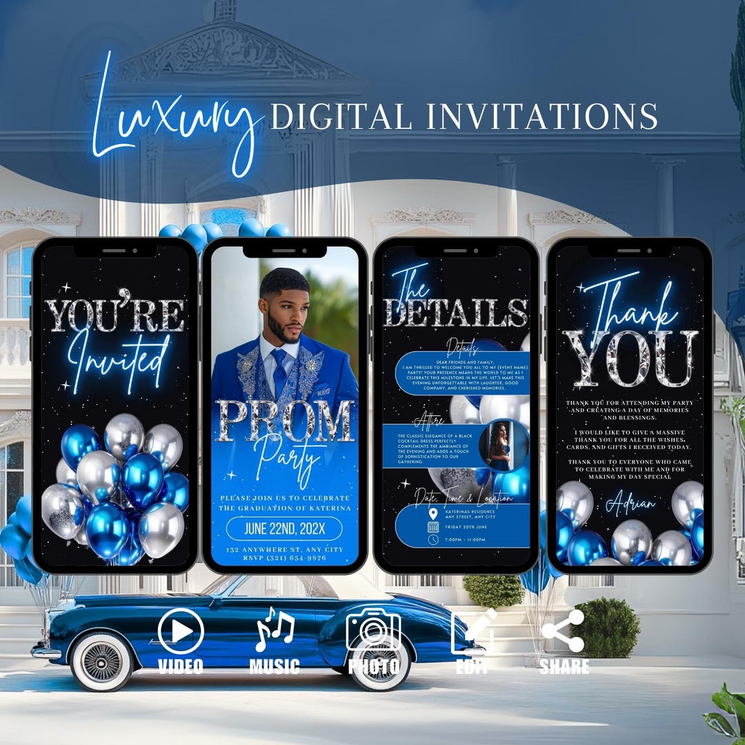 Prom Party Invitation, Digital Blue Mens Prom Send off Invite, Animated ...