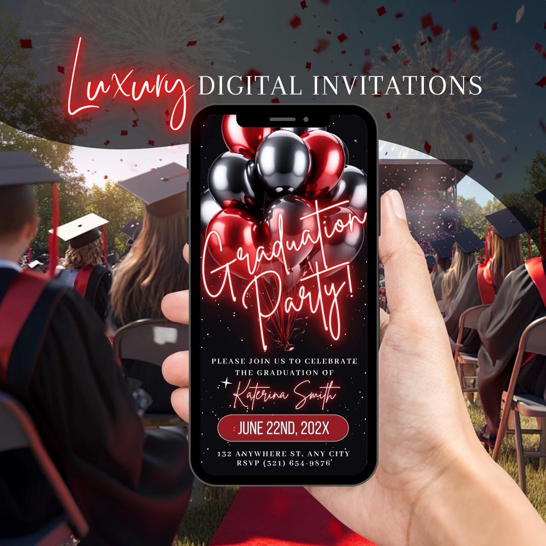 Digital Graduation Party Invitation, Red Graduate Announcement Invite ...