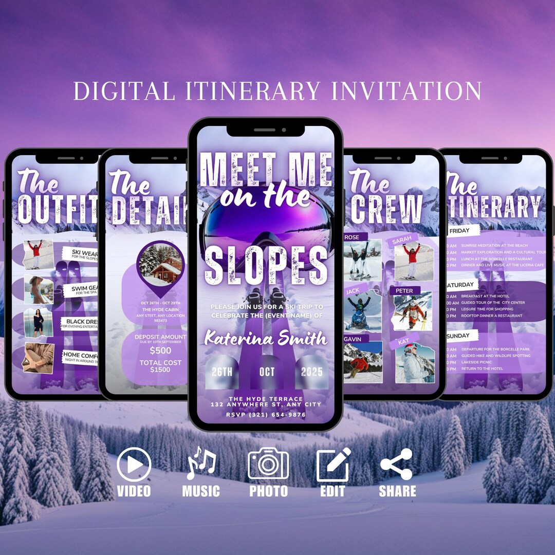 Digital Ski Weekend Invitation, Bachelorette Snowboard Meet Me on the ...