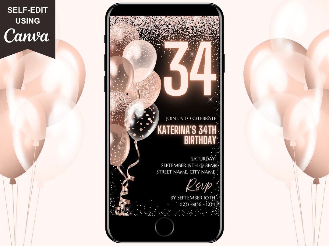 Digital 34th Birthday Invitation, Electronic 34th Birthday Party Invite ...