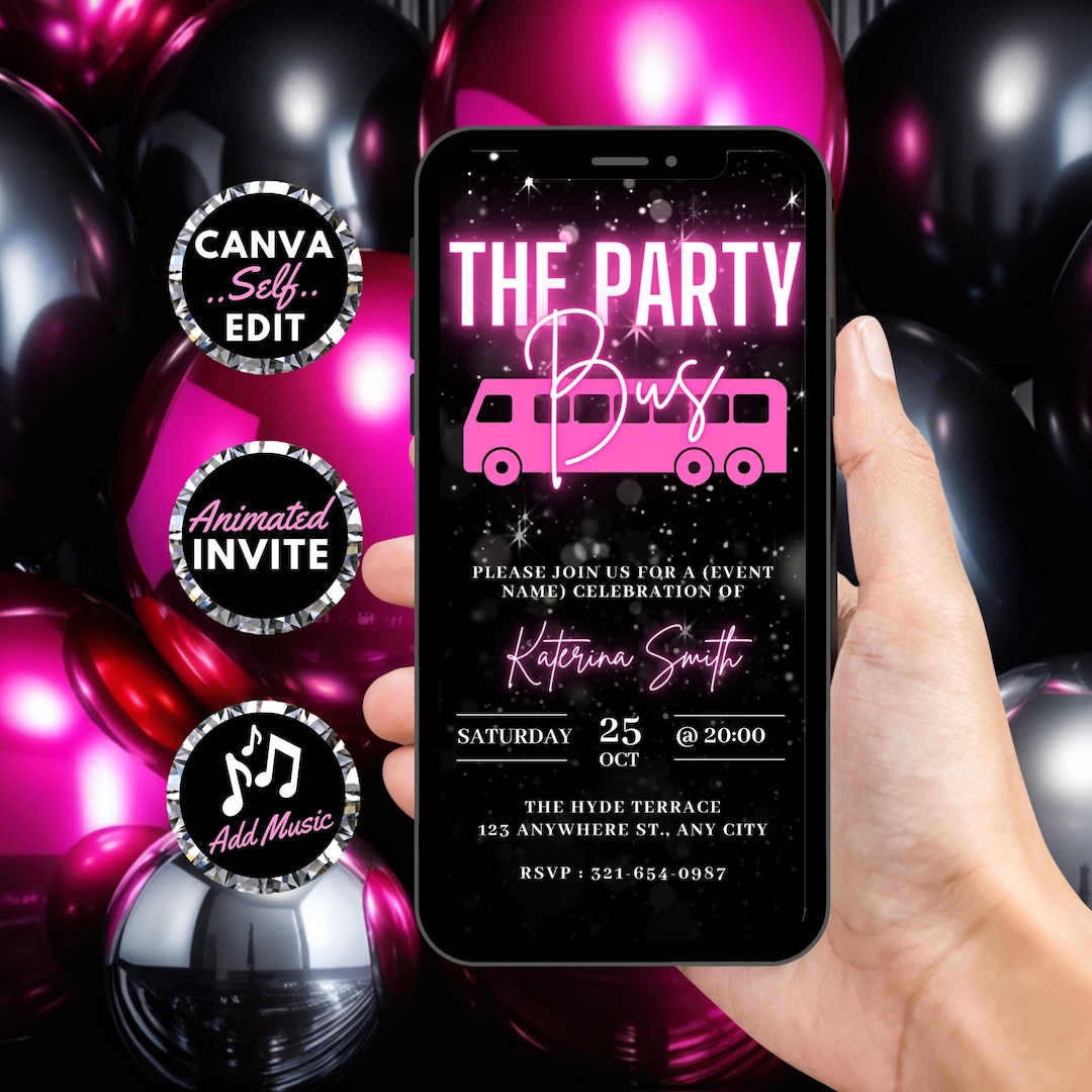 Digital Party Bus Birthday Invitation, Animated Limo Party Invite, Neon ...