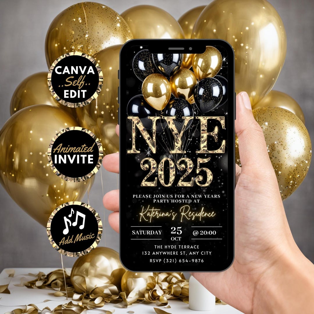 Digital NYE 2025 Invitation, Animated New Years Eve Party Invite, Black ...