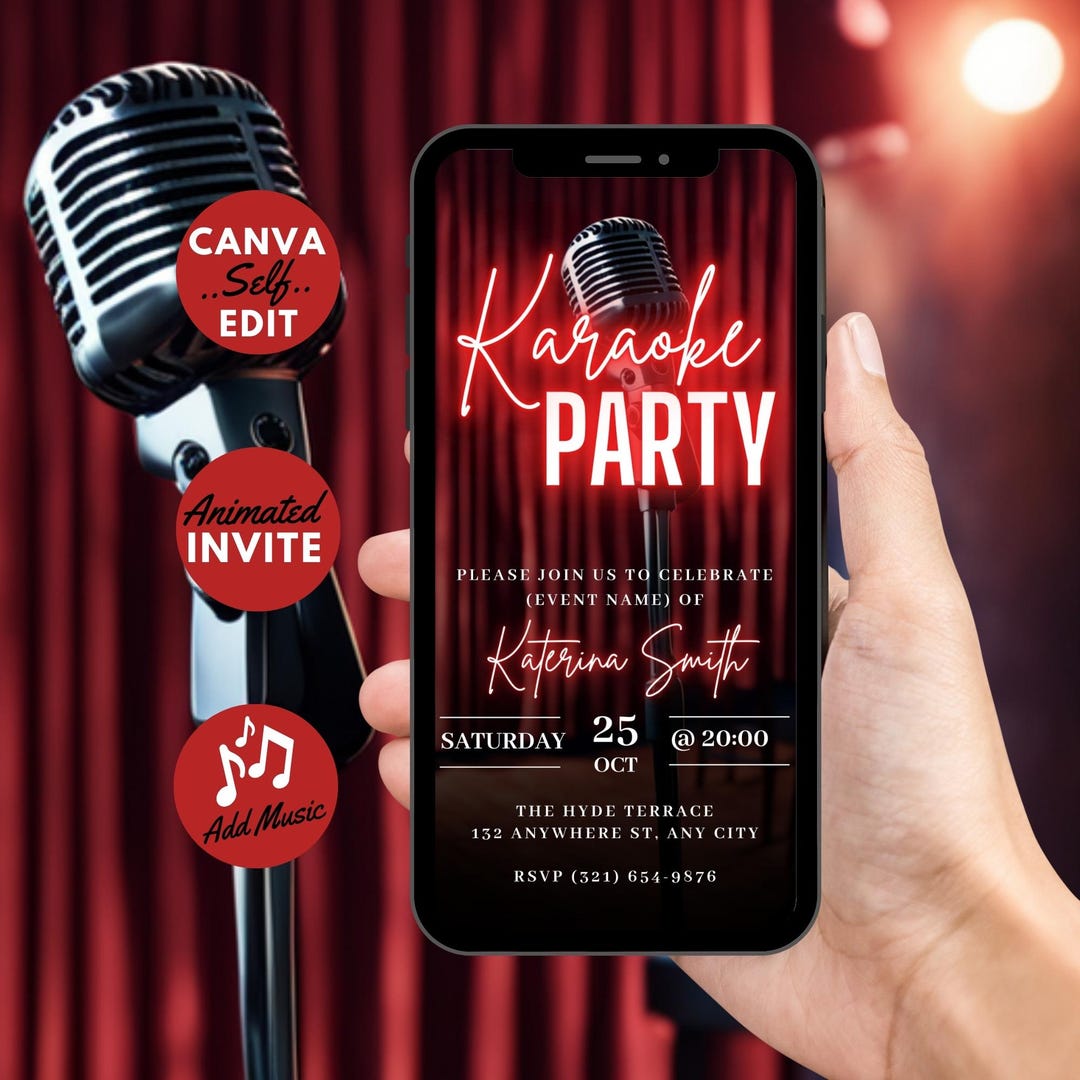 Digital Karaoke Invitation, Animated Birthday Music Night Party Invite ...