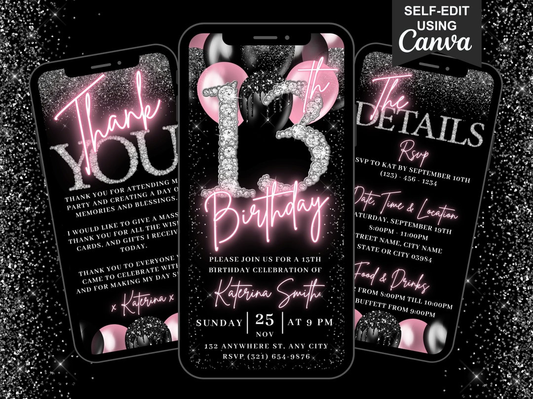 Digital 13th Birthday Invitation, Blush Pink Girls 13 Balloon Diamond ...