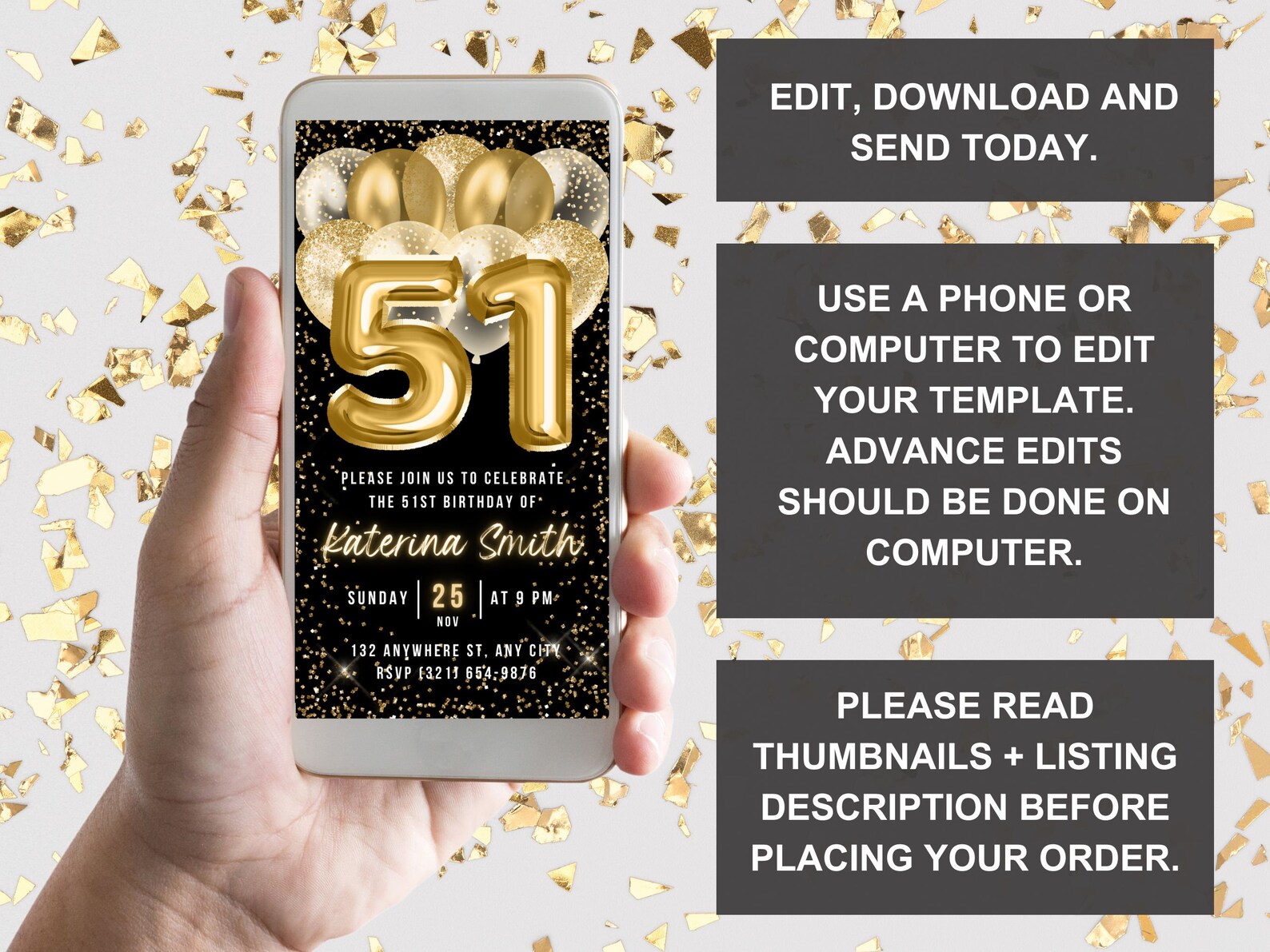 51st Birthday Digital Invitation, Electronic Birthday Party Invite ...