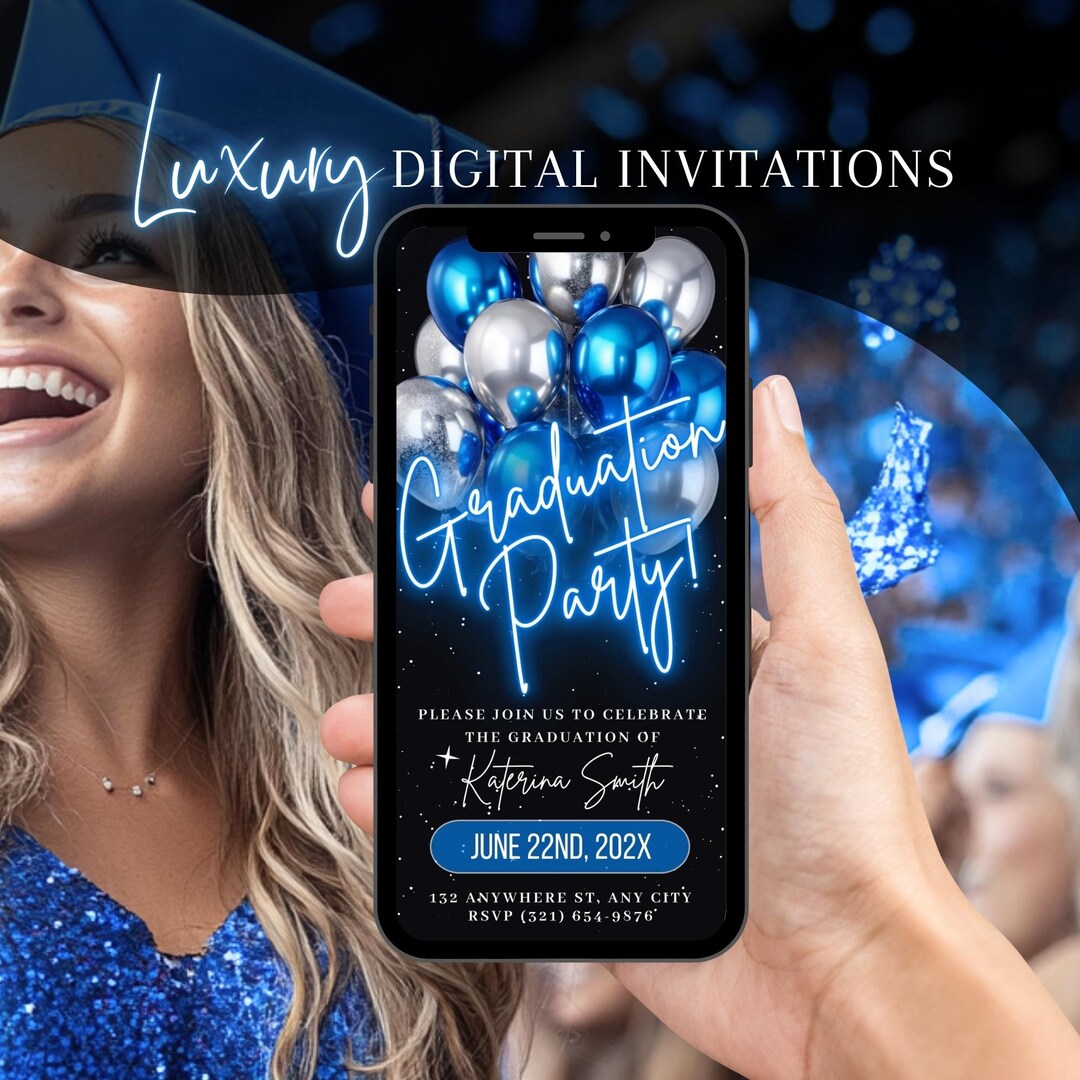 Digital Graduation Party Invitation, Blue Graduate Announcement Invite ...