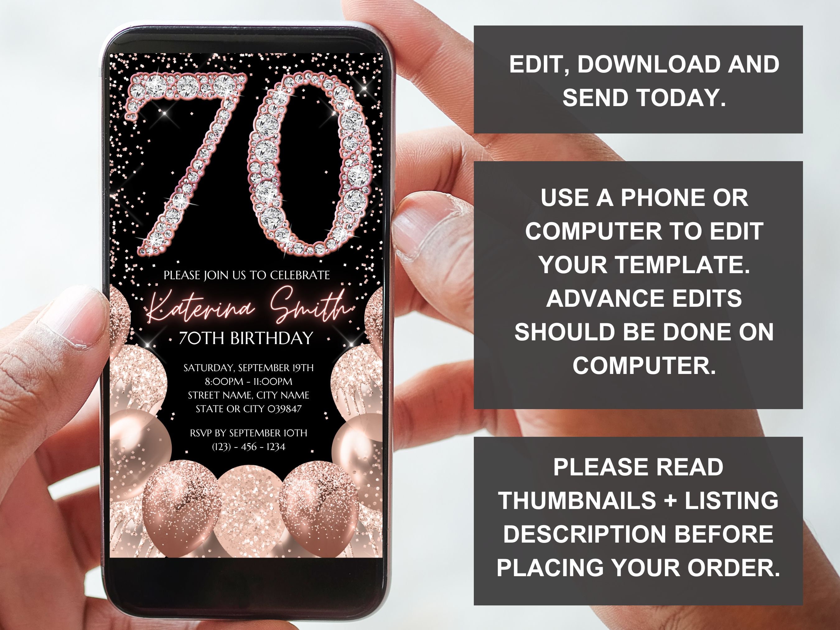 70th Birthday Digital Invitation Electronic 70th Birthday - Etsy Australia