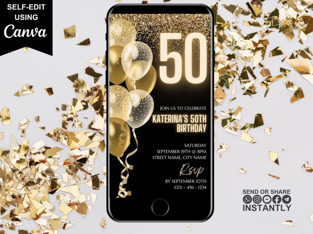 50th Digital Birthday Invitation Electronic 50th Phone Party Invite