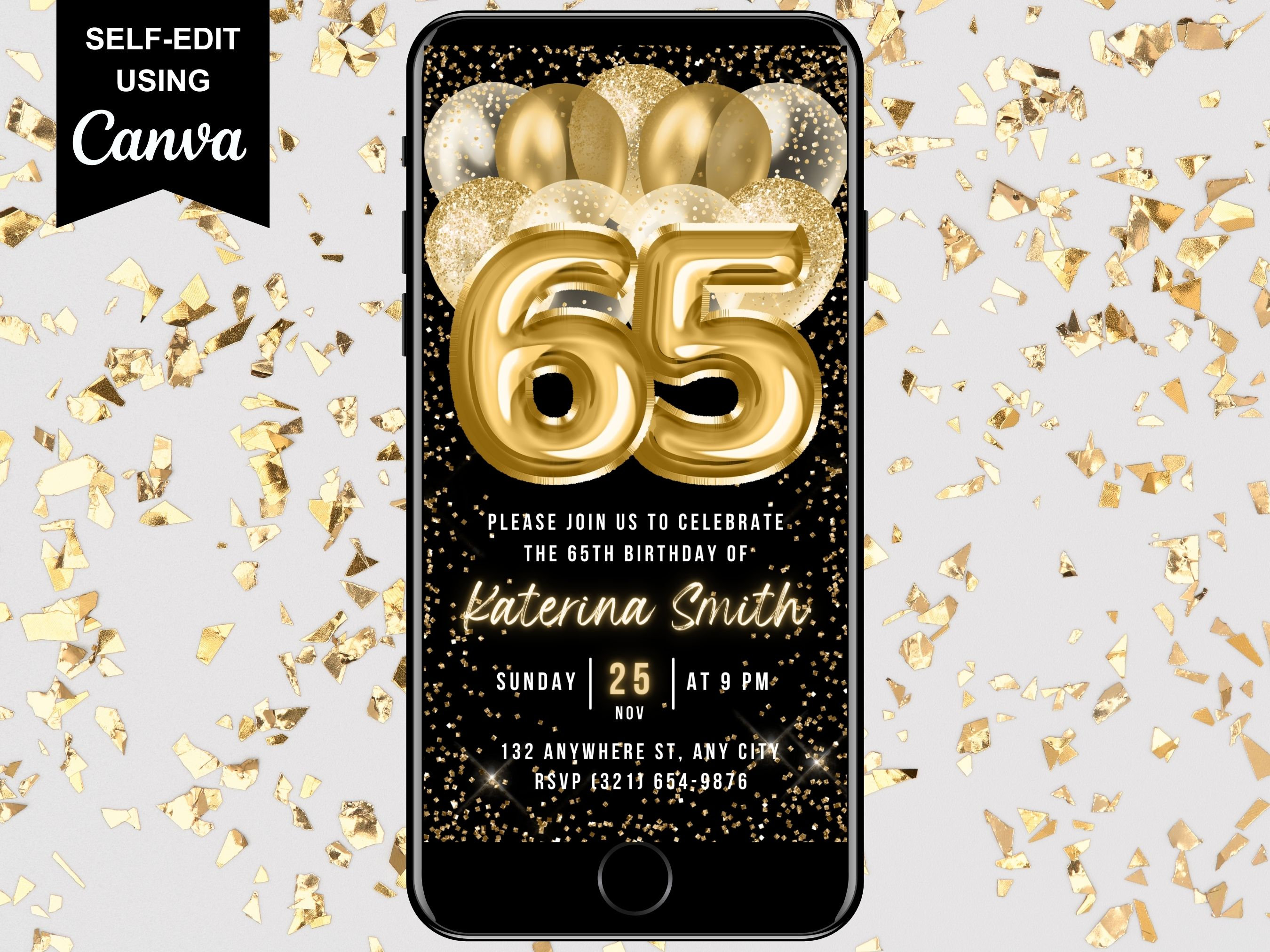 65th Birthday Digital Invitation, Electronic Birthday Party Invite ...
