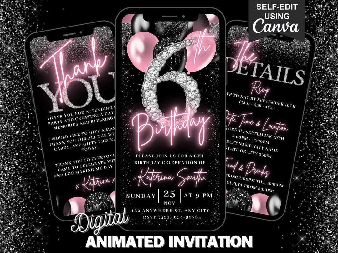 Digital 6th Birthday Invitation for Girls, Animated Cute Blush Pink Six ...