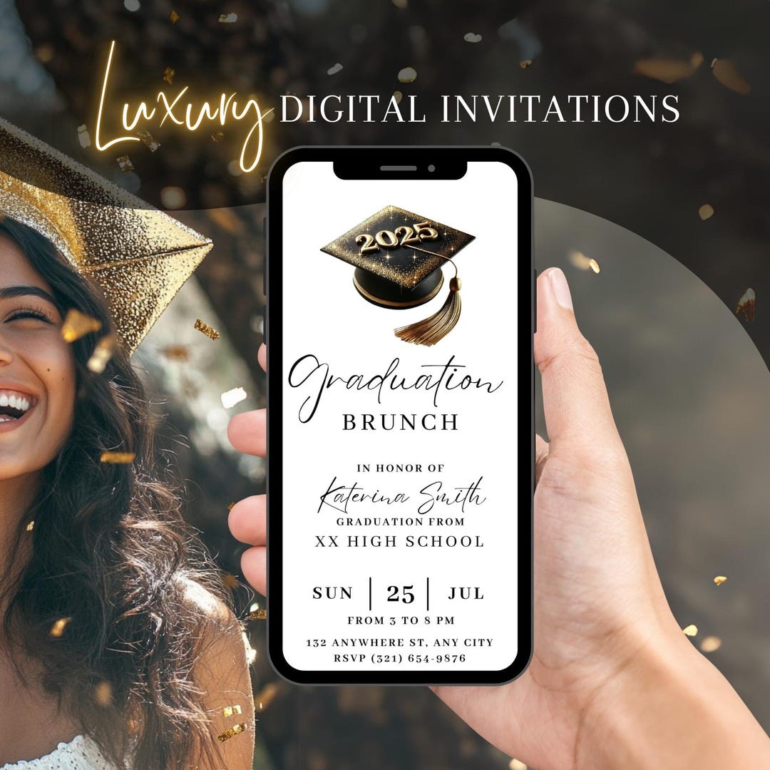 Digital 2026 Graduation Brunch Invitation, Black Gold Graduate Party ...