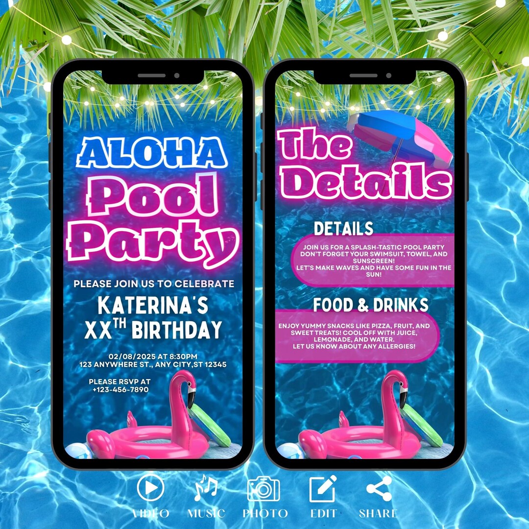 Digital Aloha Luau Pool Party Invitation, Animated Pink Girls Tiki Birthday Summer Invite ...